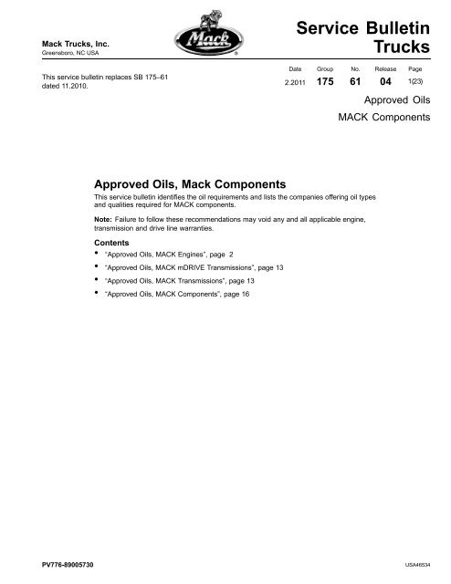 Approved Oils, MACK Transmissions - Mack Trucks!