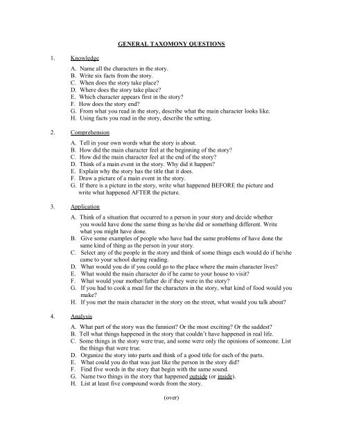 Bloom's General Taxonomy Questions