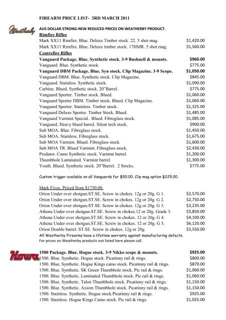 FIREARM PRICE LIST - Melbourne Firearms Centre