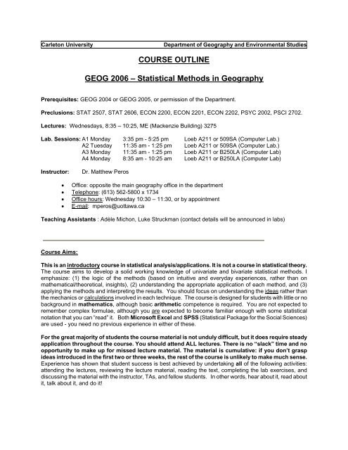 COURSE OUTLINE GEOG 2006 â Statistical Methods in Geography