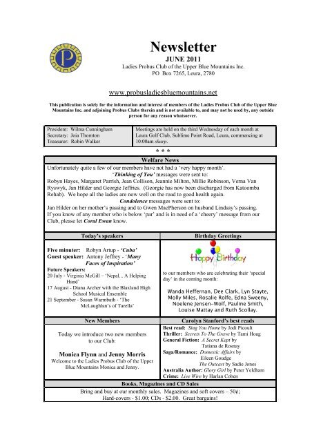 June Newsletter - Ladies Probus Upper Blue Mountains