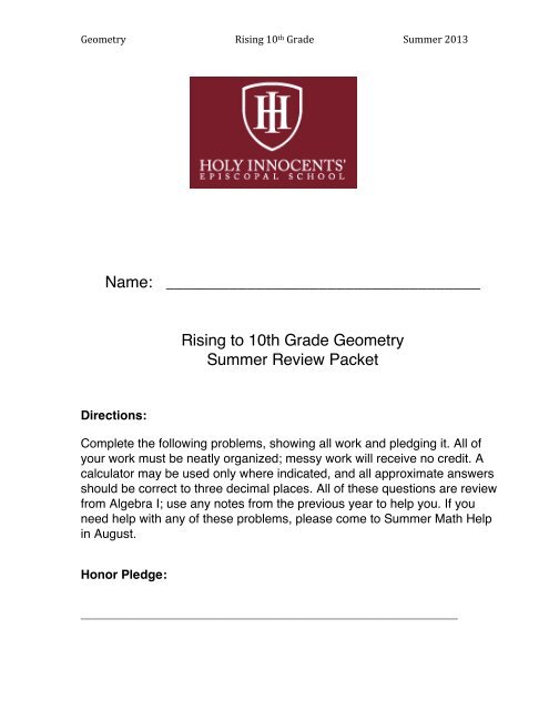 Rising 10th grade to Geometry Summer Packet