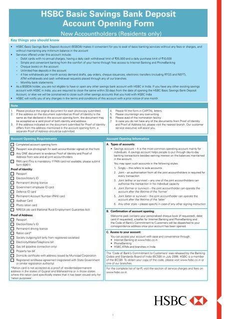 HSBC Basic Savings Bank Deposit Account Opening Form