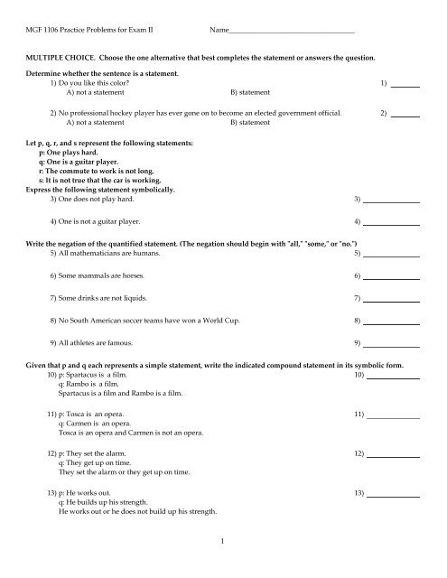 MGF 1106 Practice Problems for Exam II ...