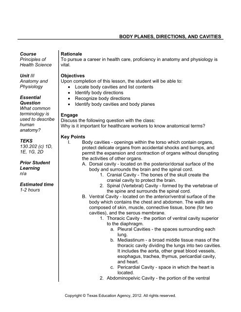 Body Planes, Directions and Cavities - Texas Health Science!