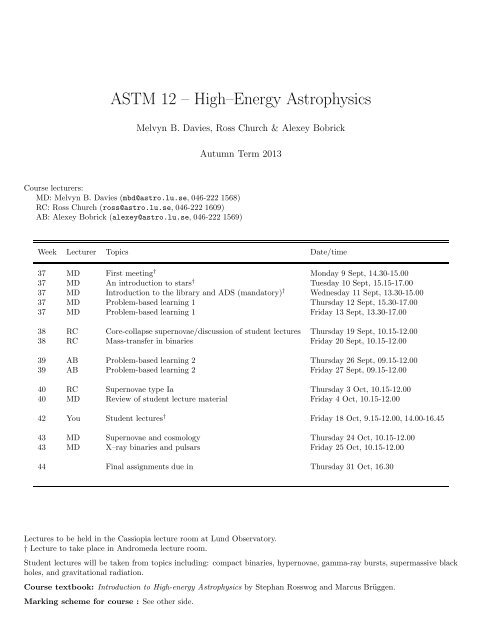 ASTM 12 â Highâ Energy Astrophysics - Lund Observatory