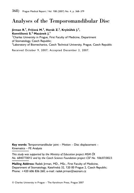 Analyses of the Temporomandibular Disc - Prague Medical Report