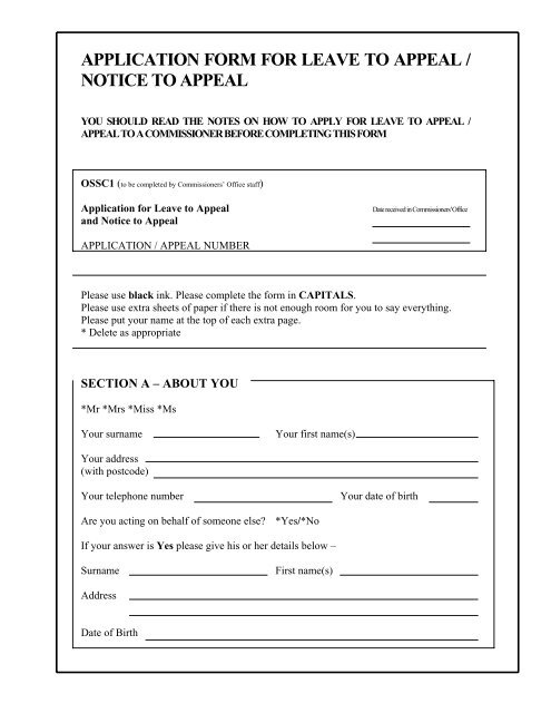 APPLICATION FORM FOR LEAVE TO APPEAL / NOTICE TO APPEAL APPLICATION FORM FOR LEAVE TO APPEAL / NOTICE TO APPEAL