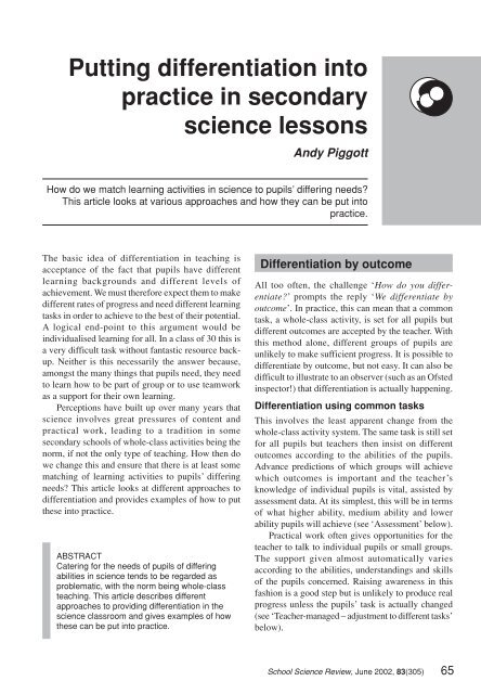 Putting differentiation into practice in secondary science lessons