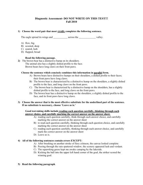 Diagnostic Assessment - 9th Grade Lit and Comp 2010-2011