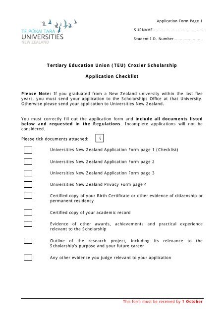 Tertiary Education Union (TEU) Crozier Scholarship Application ...