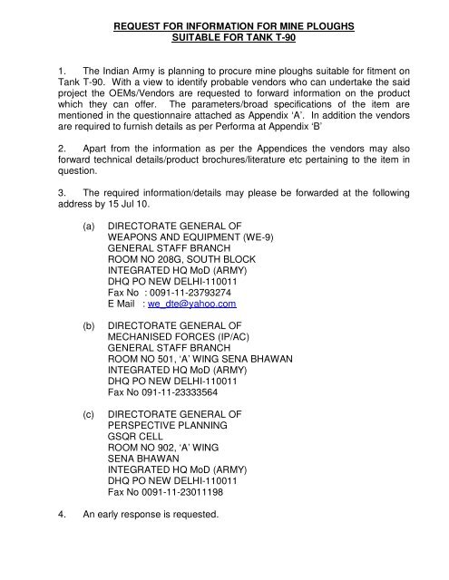 REQUEST FOR INFORMATION FOR MINE PLOUGHS ... - Indian Army