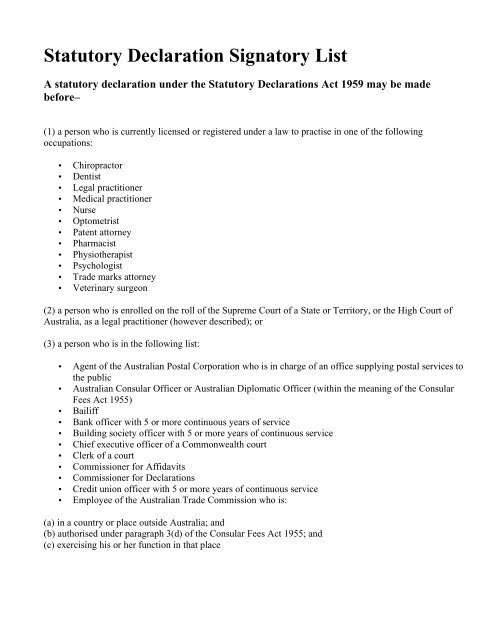Statutory Declaration Signatory List - VeriSign Australia