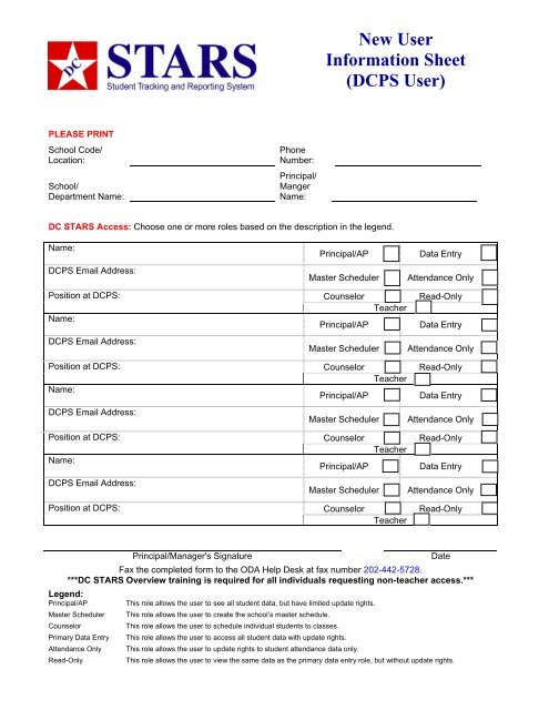 New User Information Sheet (DCPS User) - DC Stars
