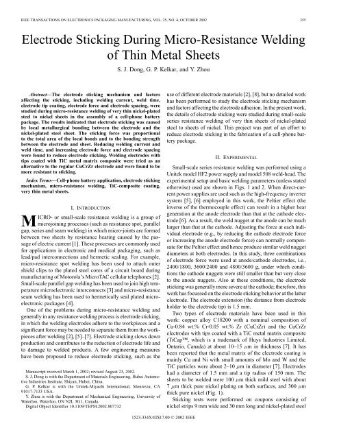 Electrode sticking during micro-resistance welding of ... - IEEE Xplore