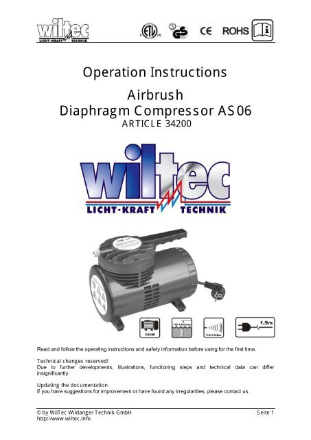 Operation Instructions Airbrush Diaphragm Compressor AS06 - WilTec