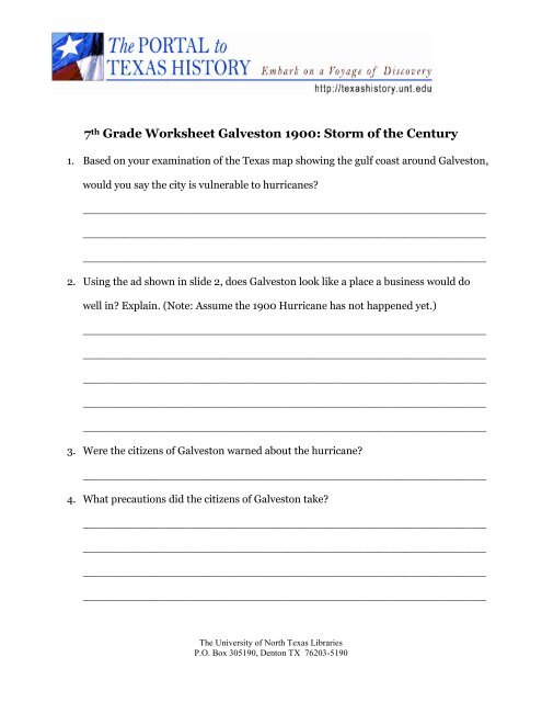 Grade Worksheet Galveston 1900 - University of North Texas