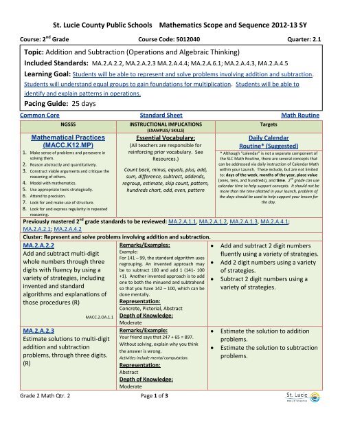 St. Lucie County Public Schools Mathematics Scope and Sequence ...
