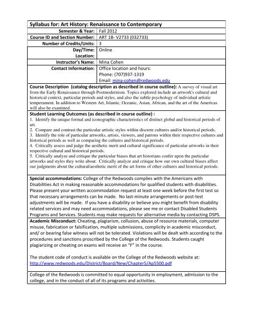 Syllabus for: Art History: Renaissance to Contemporary