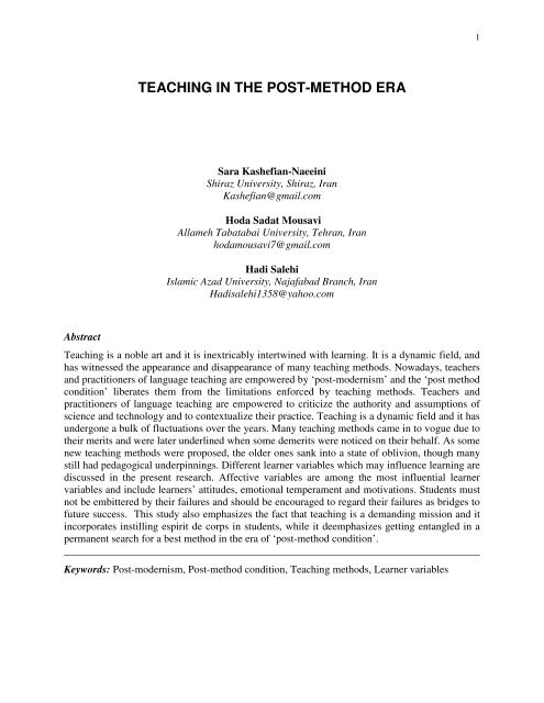 TEACHING IN THE POST-METHOD ERA - Curtin University