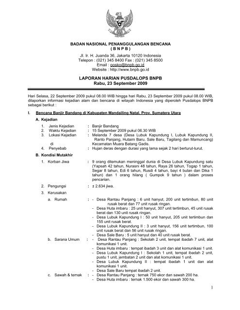 1 LAPORAN HARIAN PUSDALOPS BNPB Rabu, 23 September 2009