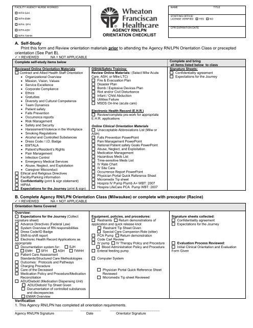 Agency RN-LPN Orientation Checklist - Wheaton Franciscan ...