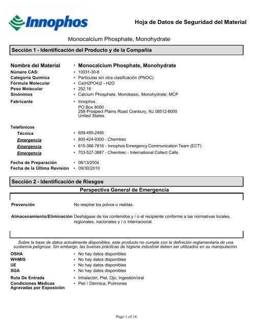 Hoja de Datos de Seguridad del Material Monocalcium ... - Innophos