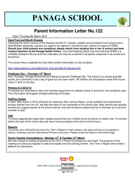 PANAGA SCHOOL Parent Information Letter No.122