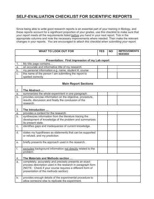 Student Self Assessment Checklist
