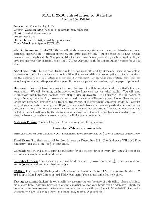 MATH 2510: Introduction to Statistics - University of Colorado Boulder