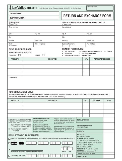 CDN Return and Exchange Form (85 KB, PDF) - Lee Valley Tools