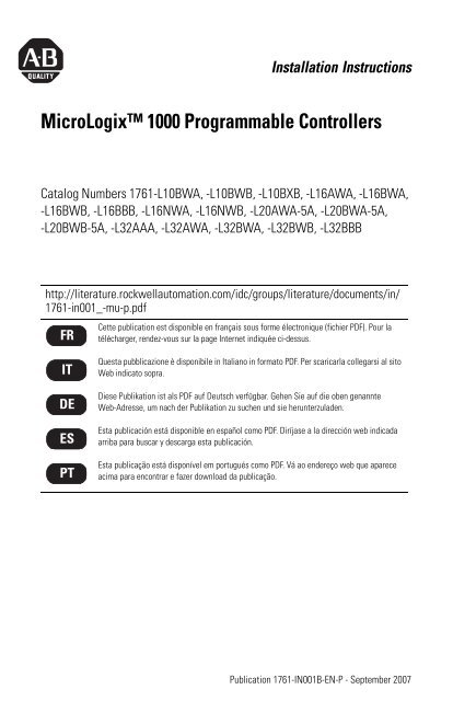 1761 MicroLogix™ 1000 Programmable Controllers Installation ...