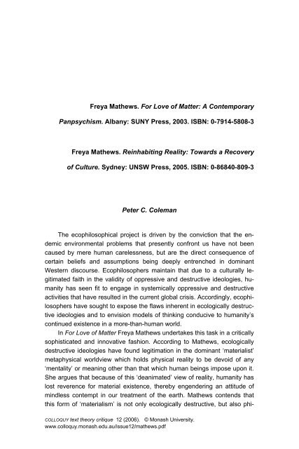 Freya Mathews - Arts - Monash University