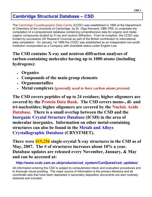 Cambridge Crystallographic Database notes - Chemistry