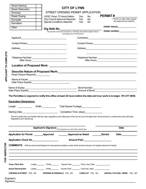 Street Opening Permit Application - Lynn