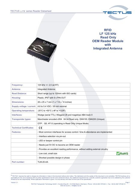 RFID LF 125 kHz Read Only OEM Reader Module with ... - Tectus