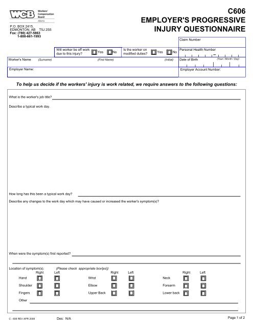 Employer's Progressive Injury Questionnaire