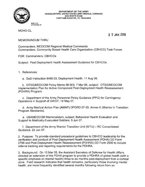 CBHCO Post Deployment Health Assessment Guidance MEMO