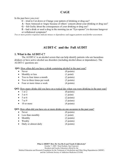 CAGE, AUDIT, DAST - California Society of Addiction Medicine