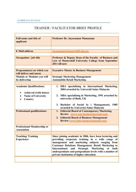 TRAINER / FACILITATOR BRIEF PROFILE