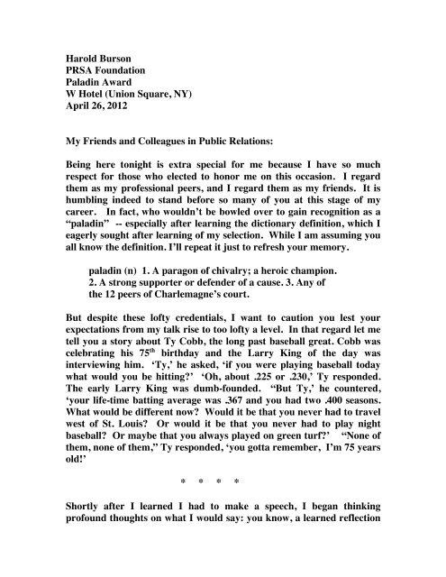 Paladin Award Acceptance Speech, Public ... - Harold Burson