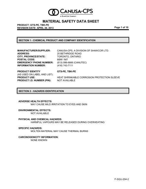 MATERIAL SAFETY DATA SHEET - Canusa-CPS