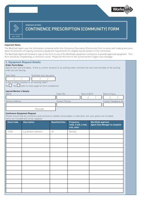 continence prescription (community) form - WorkSafe Victoria
