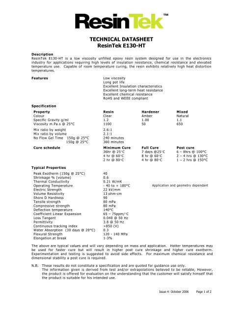 TECHNICAL DATASHEET ResinTek E130-HT - Resin Technical ...