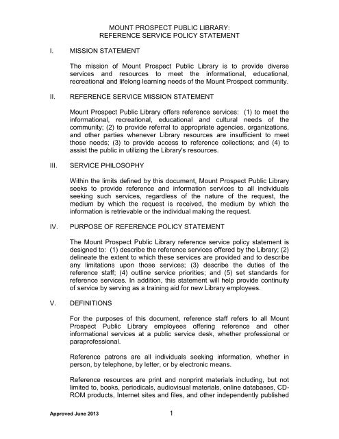 Reference Policy - Mount Prospect Public Library