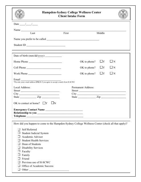 Hampden-Sydney College Wellness Center Client Intake Form