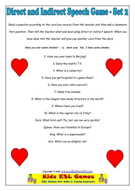 Direct and Indirect Speech Card Game 2 - ESL Kids World