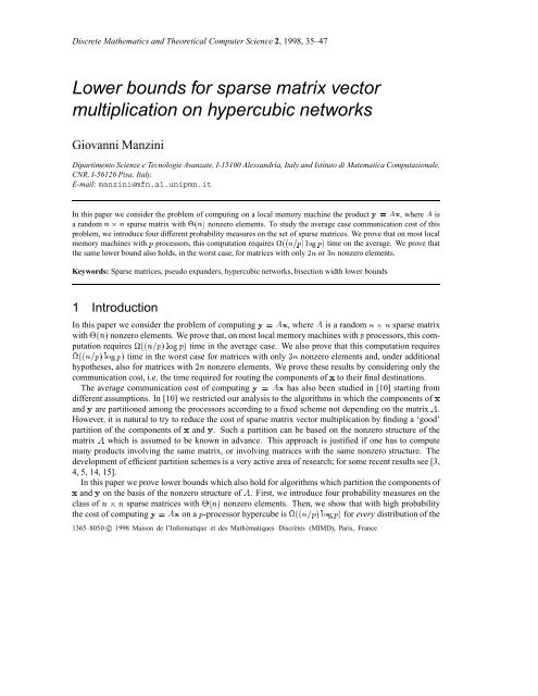Lower bounds for sparse matrix vector multiplication on hypercubic ...