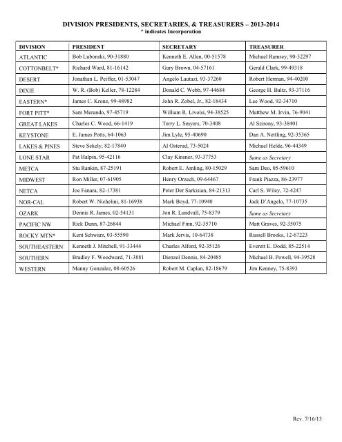 division presidents, secretaries, & treasurers â 2013 ... - TCA Members