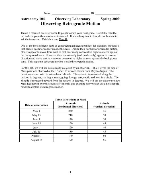Observing Retrograde Motion - Physics and Astronomy